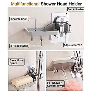 Liccyy Adhesive Shower Head Holder with Wall Shelves, Strong Self Adhesive Adjustable Waterproof Multifunction Handheld Shower Wand Holder Bracket with 3 Hanger Hooks,Wall Mount,No Drilling, Silver