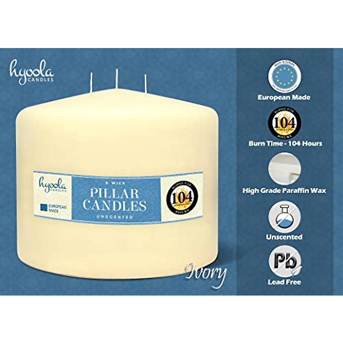 HYOOLA Ivory Three Wick Large Candle - 6 x 4.75 Inch - Unscented Big Pillar Candles - 104 Hour - European Made