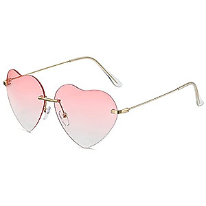Dollger Pink Heart Sunglasses Women Rimless Heart shaped Sunglasses Cute Rave Metal Frame Festival Glasses