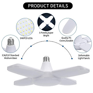 2 Pack LED Garage Lights, Screw in Garage Ceiling Lighting 2800LM, 28W E26 / E27 Daylight Lamp with 4+1 Adjustable Panels for Garage, Workshop, Warehouse, Utility Room, Barn, Shop, Basement