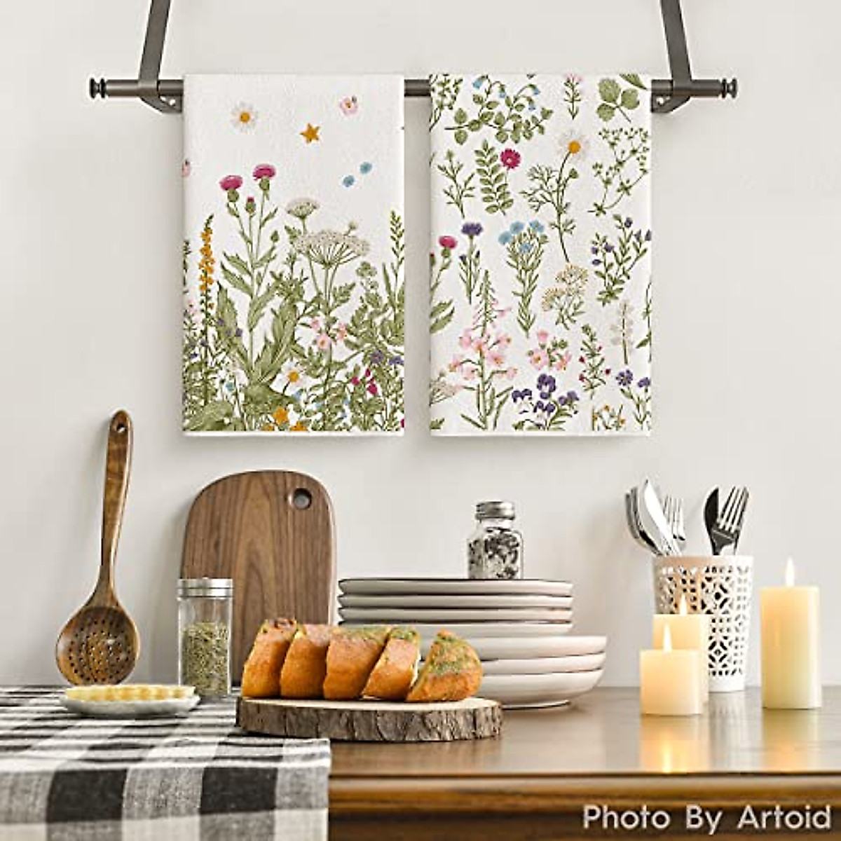 Artoid Mode Wildflower Floral Fall Kitchen Towels Dish Towels, 18x26 Inch Leaves Holiday Decoration Hand Towels Set of 2