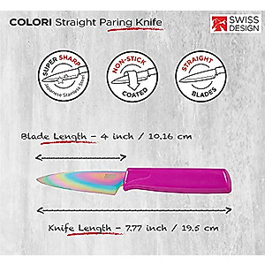 Kuhn Rikon Colori Non-Stick Straight Paring Knife with Safety Sheath, 4 inch/10.16 cm Blade, Unicorn