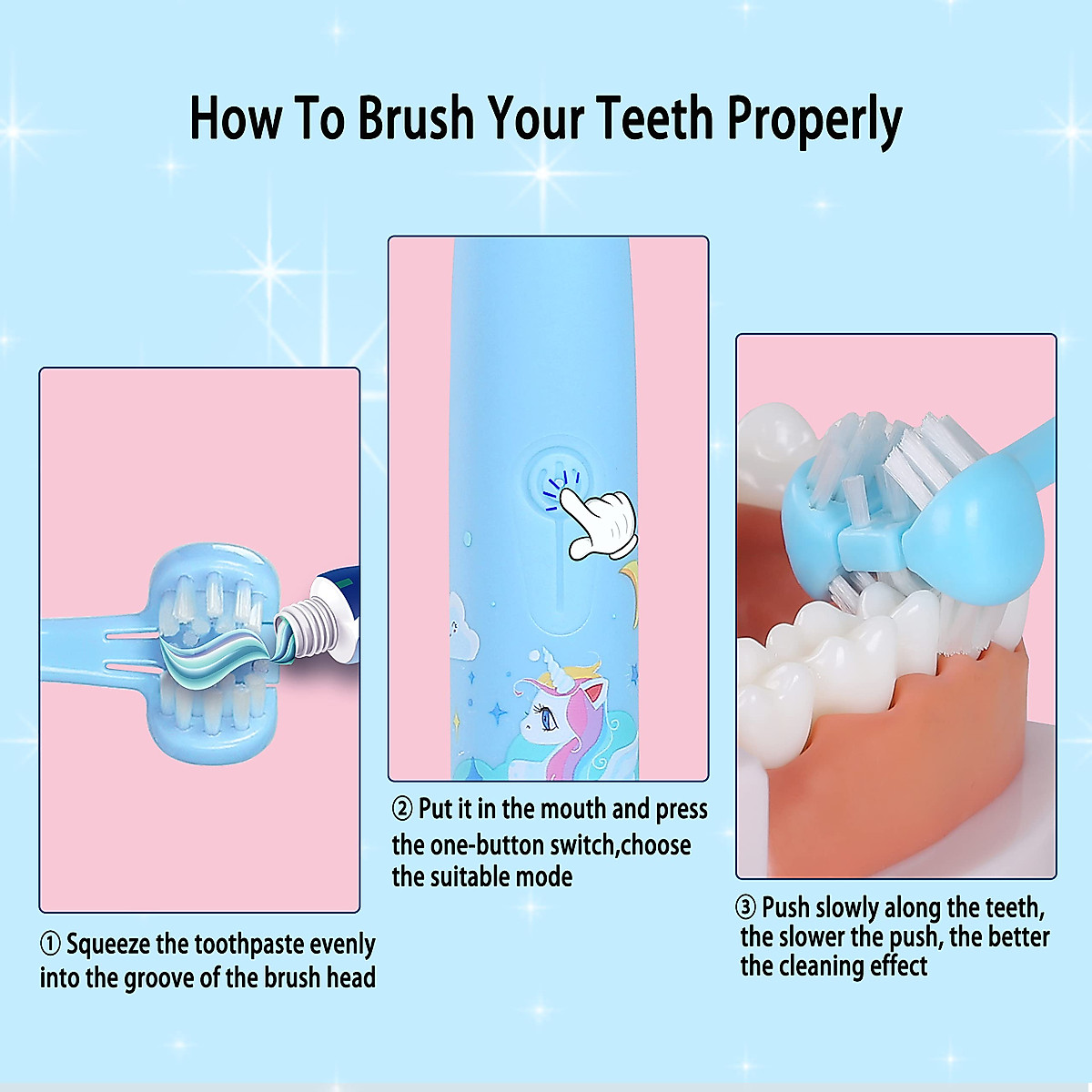 Sunartec Kids Electric Toothbrush, Six-Sided Inside and Outside Cleaning Rechargeable Sonic Toothbrushes with Timer &2 Brush Heads & Four Cleaning Modes, Training Brushing Teeth for Kids Gifts(Blue)