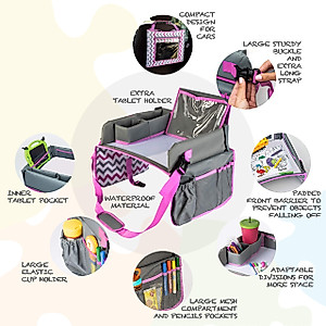 Kids Travel Tray, Car Seat Tray for Kids Travel with Dry Erase Board for Your Child's Rides and Flights, Travel Tray for Kids Car Seat, Kids Road Trip Essentials (Pink)