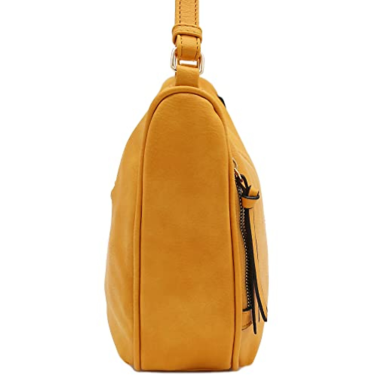 FashionPuzzle Faux Leather Two Front Zipper Pocket Crossbody Saddle Bag (Mustard) One Size