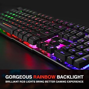 Rii RK100+ Multiple Color Rainbow LED Backlit Large Size USB Wired Mechanical Feeling Multimedia PC Gaming Keyboard,Office Keyboard for Working or Primer Gaming,Office Device