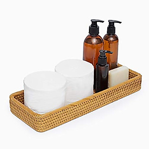 Rectangular long narrow Tray Rattan Tray Toilet Tank Tray Guest Towel Holder Bathroom Tray Basket For Toilet Paper Vanity Tray Wicker Baskets Decorative CLAYNIX (17x6x2 Inches, Natural)