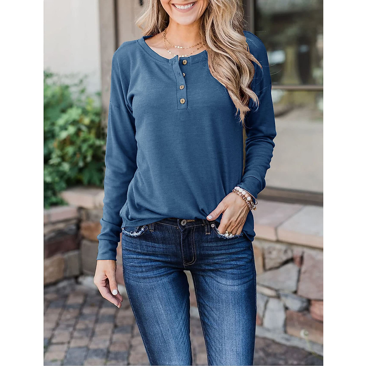 Topstype Womens Henley Tops Long Sleeve Shirts Thermal Pullover Casual Loose Fit Henley Neck Tunics