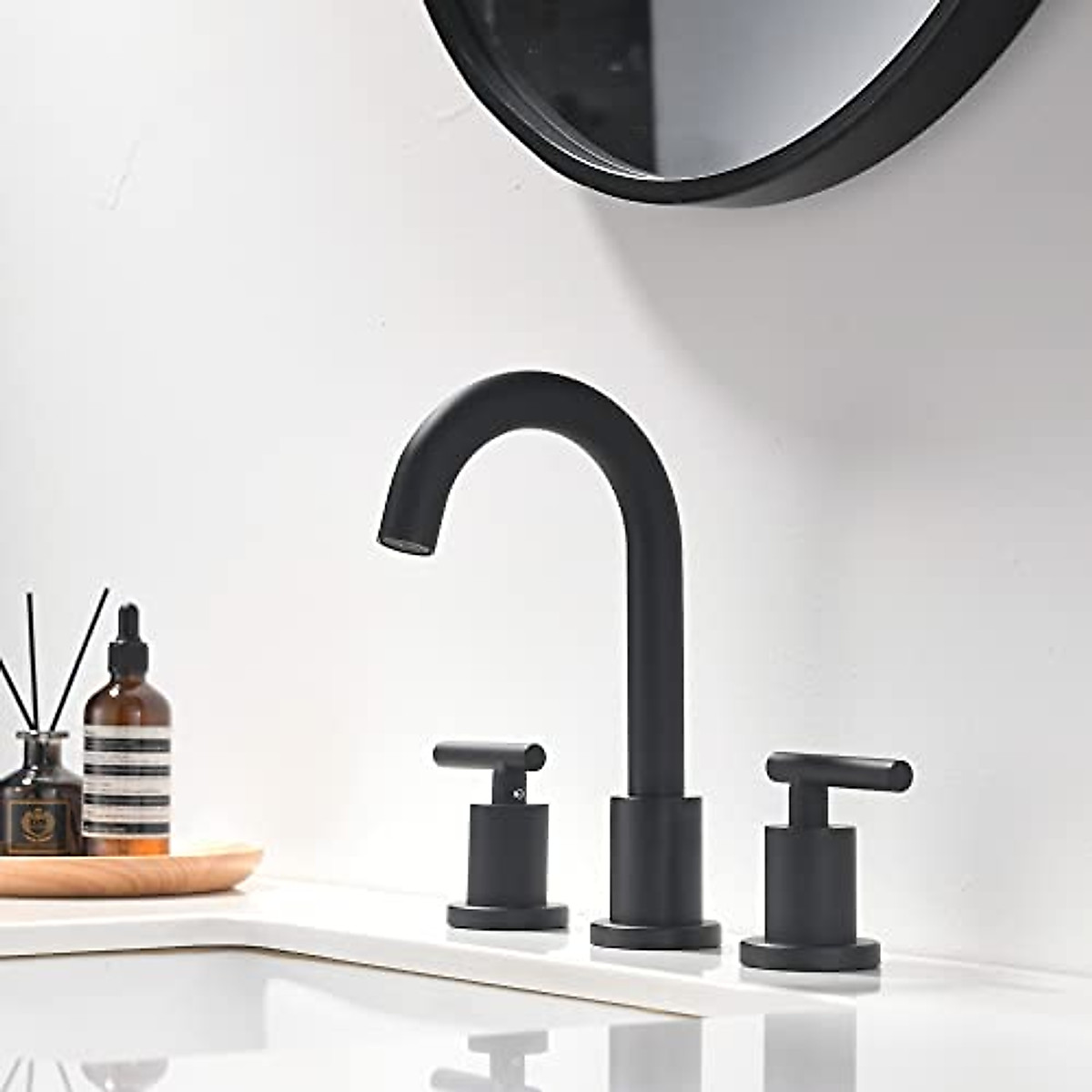 FROPO Two Handle Widespread Bathroom Sink Faucet - 3 Hole Vanity Faucet with Pop-Up Drain & cUPC Faucet Supply Lines, 8 Inch Black Bathroom Sink Faucet