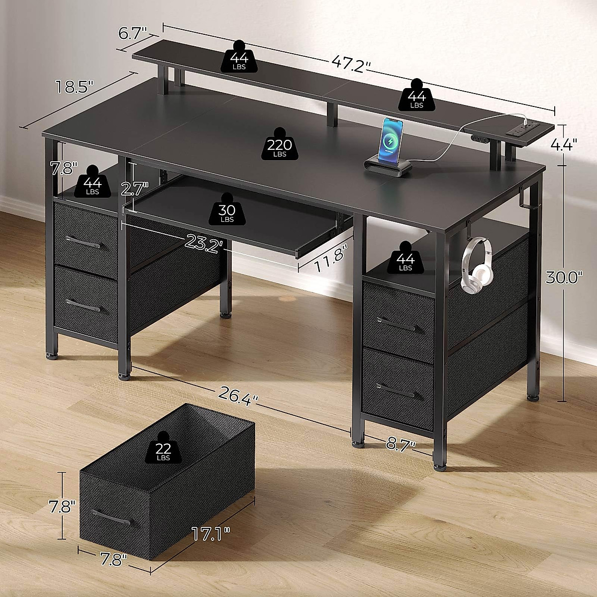 Seventable Computer Desk 47.2" with LED Lights & Power Outlets, Home Office Desk with 4 Drawers, Writing Desk with Keyboard Tray, Study Desk with Monitor Stand, Work Desk for Home Office, Black