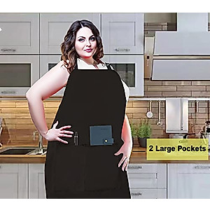 MissOwl Plus Size Adjustable Bib Apron Waterdrop Resistant with 2 Pockets Extra Large Chef Apron Kitchen Cooking for Women Men Black
