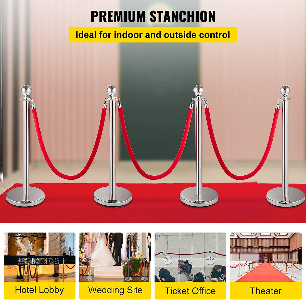 BestEquip 38 Inch Stanchion Posts Queue, Red Velvet Rope (3, Silver)