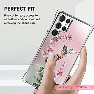 Elgzigok EChaopeng Clear Case for Samsung Galaxy S22 Ultra Hummingbird Flower Phone Cover with Wrist Strap Lanyard, Protective Silicone Case for Galaxy S22 Ultra Shock-Proof Four Corners Reinforced