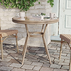 Flash Furniture Lourdes Indoor/Outdoor Commercial Bistro Table - Tempered Glass Top - PE Rattan - Lt NAT Bamboo Print Aluminum Frame - 31.5" - NAT/White