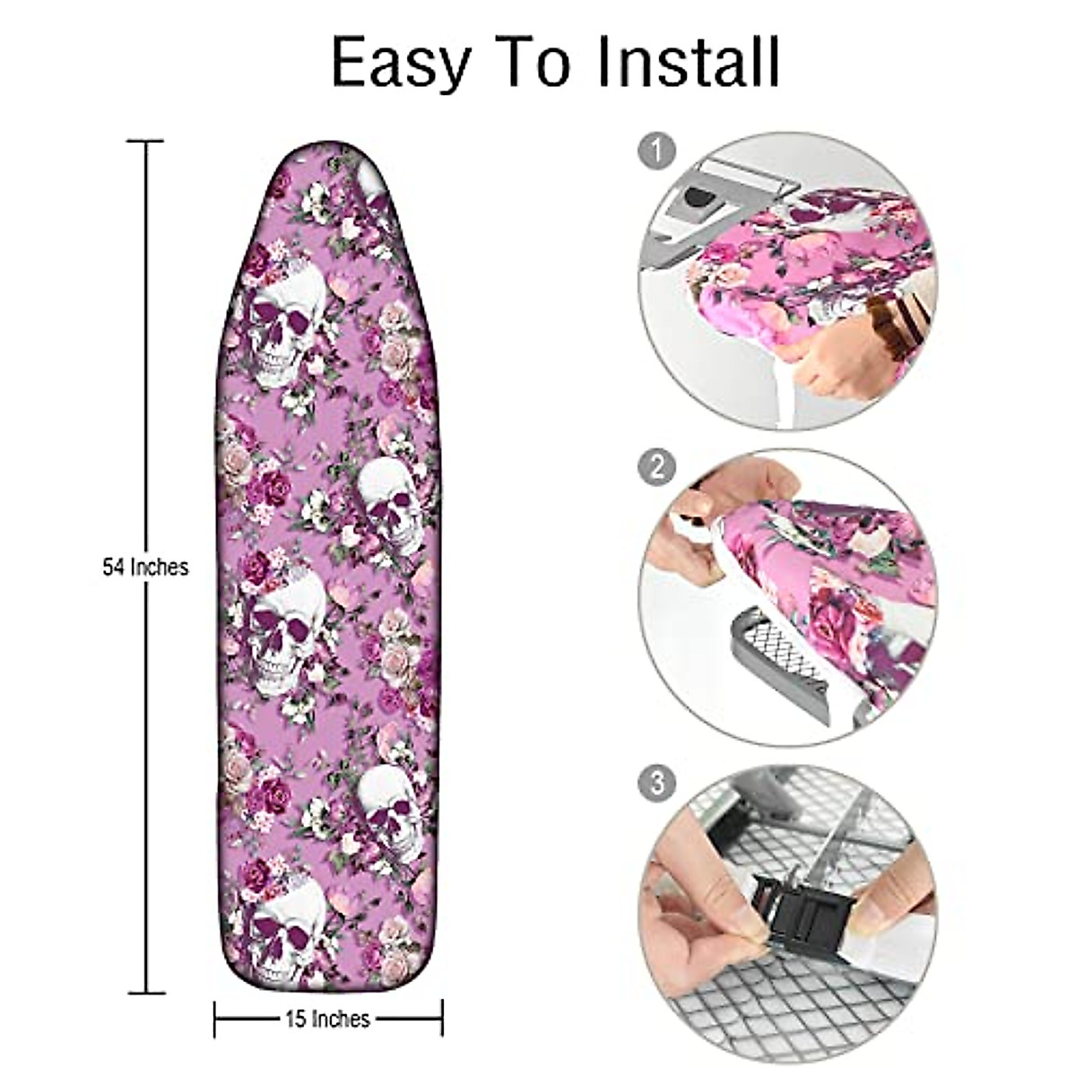 Codymon Ironing Board Cover 54x15 inches, Heavy Duty Thick Padding, Resists Staining and Scorching, Elasticized Edges - Skull Rose Pink