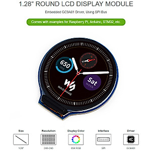 waveshare 1.28inch Round LCD 240×240 Resolution 65K RGB IPS Display Module for Arduino Raspberry Pi Jetson Nano STM32,SPI Interface GC9A01 Driver Clear and Colorful Displaying Effect