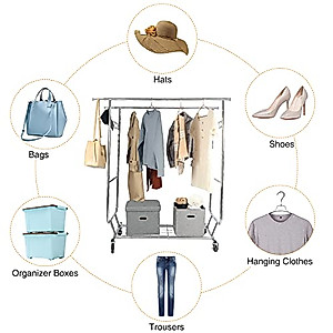 ALUPOM Extendable Double Rod Clothing Rack on Wheels with Shelves Capacity 330lbs, Heavy Duty Rolling Chrome Commercial Garment Rack for Hanging Clothes