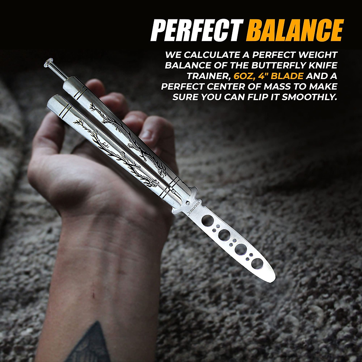 VORNNEX Practice Butterfly knife Trainer with Sure Spring Latch, Full Stainless Steel Black Dull Balisong, Unsharpened Butterfly knives Comb for CSGO Training(Silver)