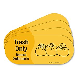 SmartSign (Pack of 4) 3.75 x 9 inch “Trash Only - Basura Solamente” Bilingual Sticker Labels with Symbol, 5 mil Laminated Polyester with SuperStick Adhesive, Yellow and Black