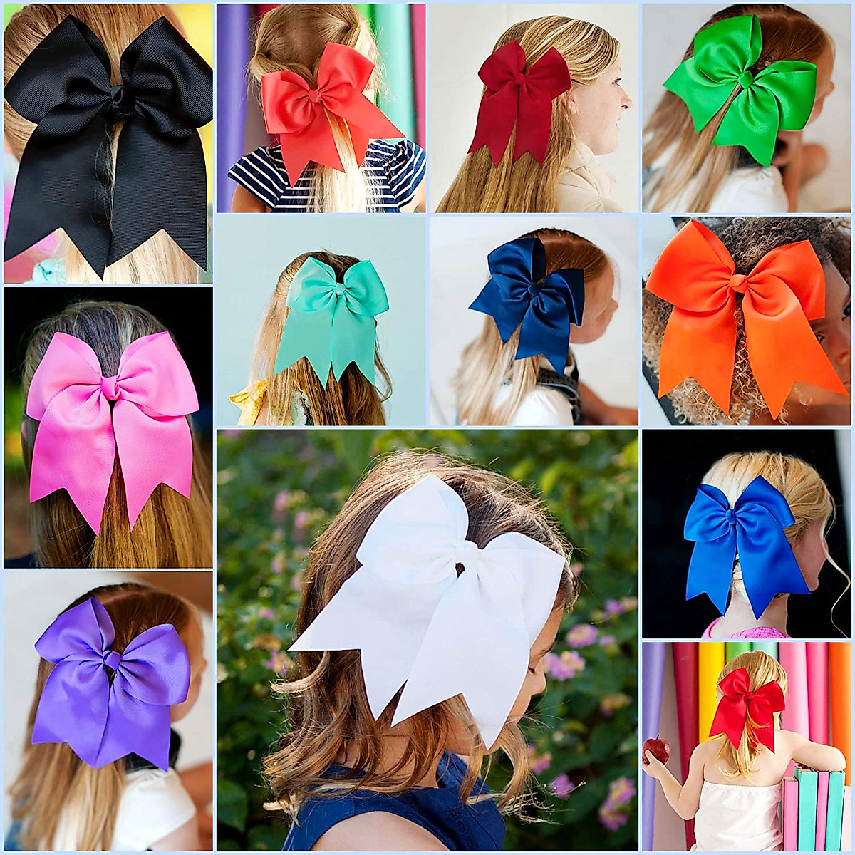 WillingTee 20Pcs 8" Large Cheer Bows for Girls Ponytail Holder Grosgrain Ribbon Cheerleading Bows Elastic Hair Tie Bands for Baby Girls School Colleage Teens Senior Cheerleader