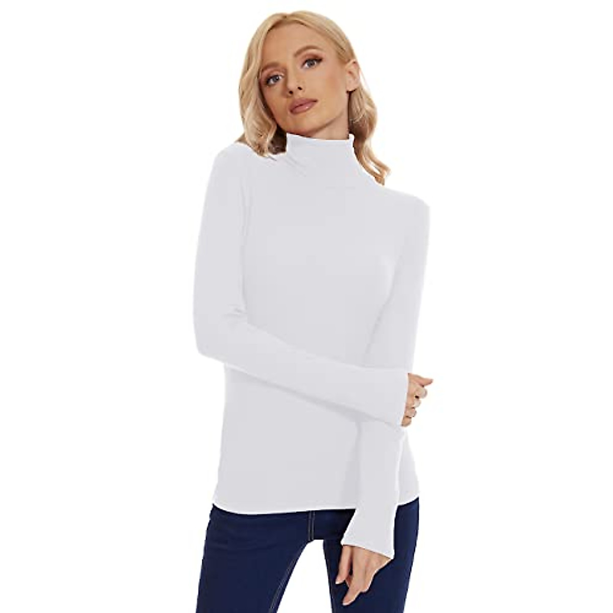 Mockneck Women White Long Sleeve Lightweight Ribbed Knit Pullover Athletic Slim T-Shirt White X-Large