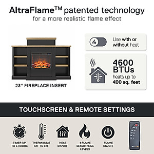 Ameriwood Home Gateswood 64 Inch Electric Fireplace with Mantel, Replaceable Fireplace Insert Heater, Shelves, Remote Control, Timer, Realistic Log and Flame Effect, Black