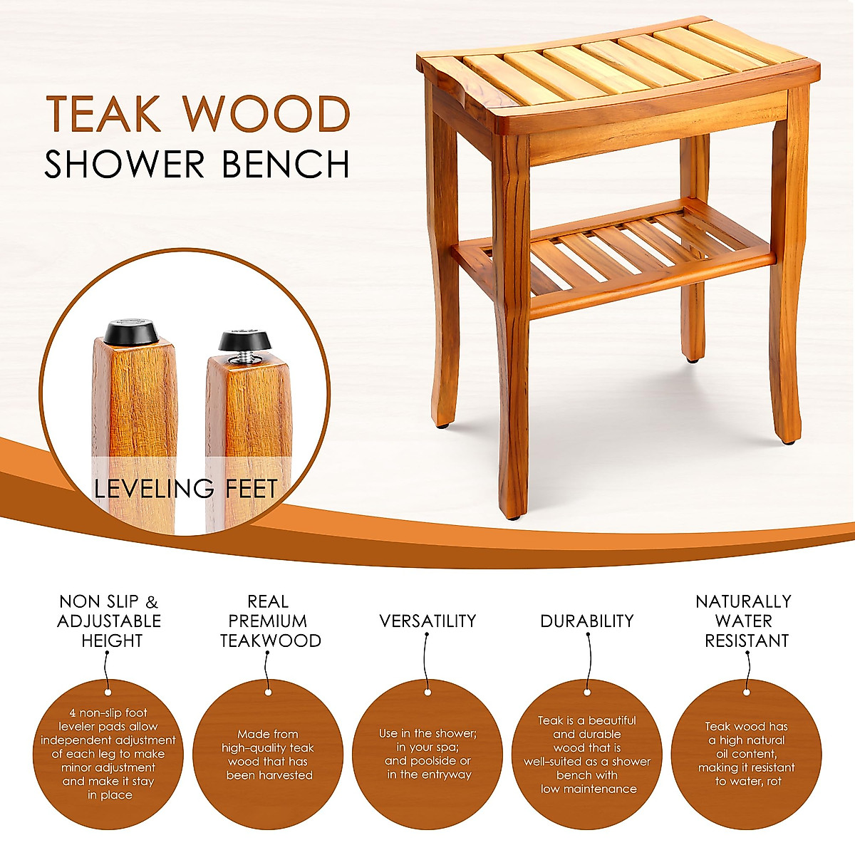 16 Inch Teak Shower Bench Stool with Storage Shelf, Waterproof Teak Spa Bathing Stool for Inside Shower, Bathroom Shower Chair for Adult Elderly Perfect for Indoor and Outdoor Use