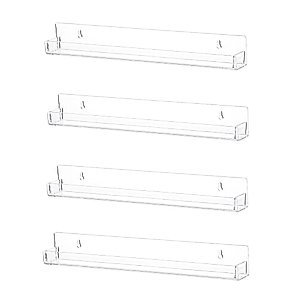 IEEK 4 PCS Floating Invisible Kids Bookshelf Wall Mounted Nail Polish Rack,Clear Acrylic Picture Ledge Vinyl Record Display Shelf Nail Polish Holder with Removable Anti-slip End Inserts,15 inch