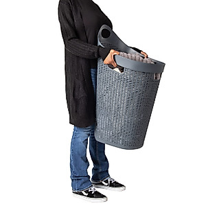 Mind Reader 60L Rolling Laundry Hamper, Clothes Basket, Wheels, Wicker Style, Plastic, 19.5"L x 14.75"W x 29.25"H, Grey