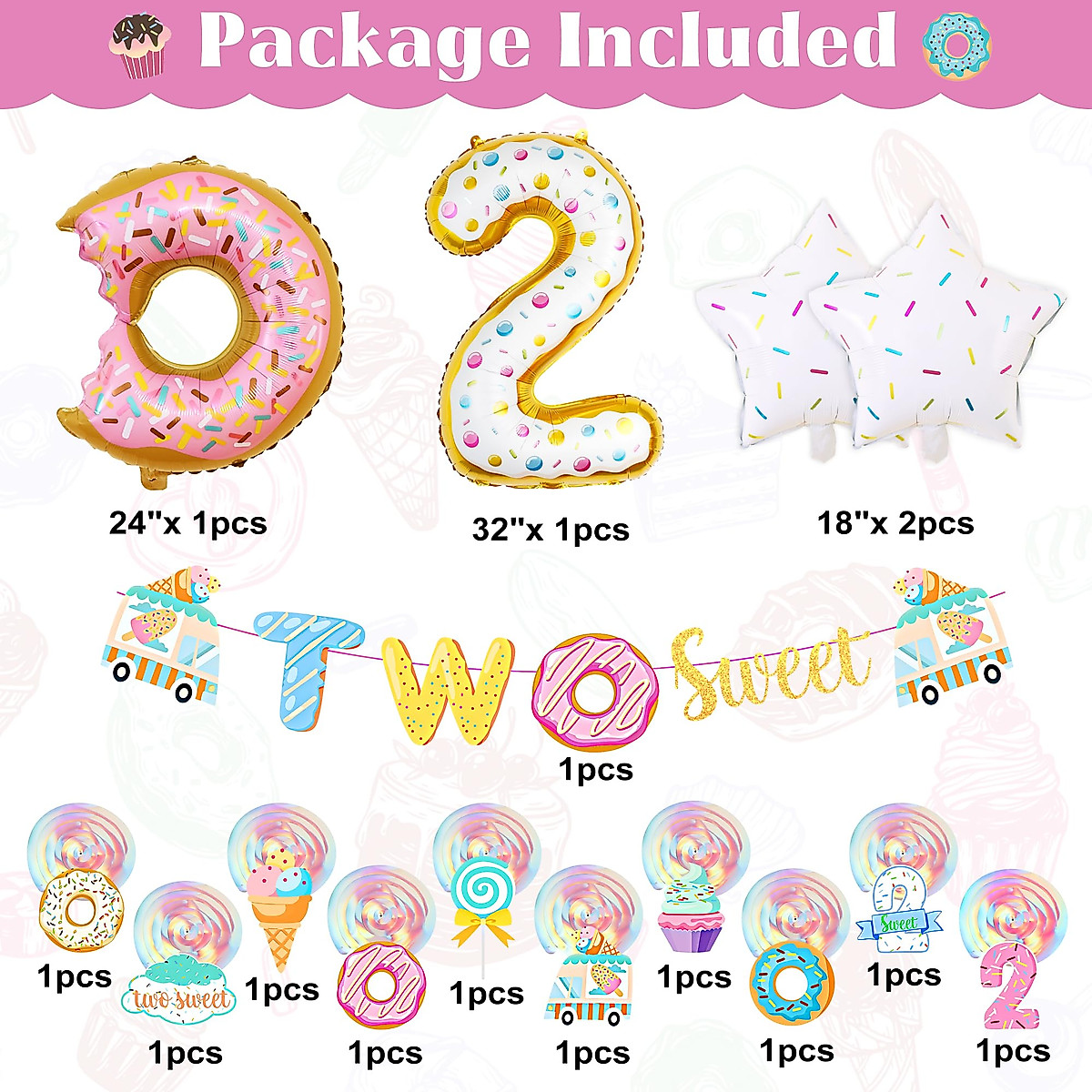 Amandir 145Pcs Two Sweet Birthday Decorations, Donut Birthday Party Supplies for Girls Two Sweet Banner Donut Balloon Garland Kit Cake Topper Swirls for Ice Cream Baby Second 2nd Birthday Party Decor