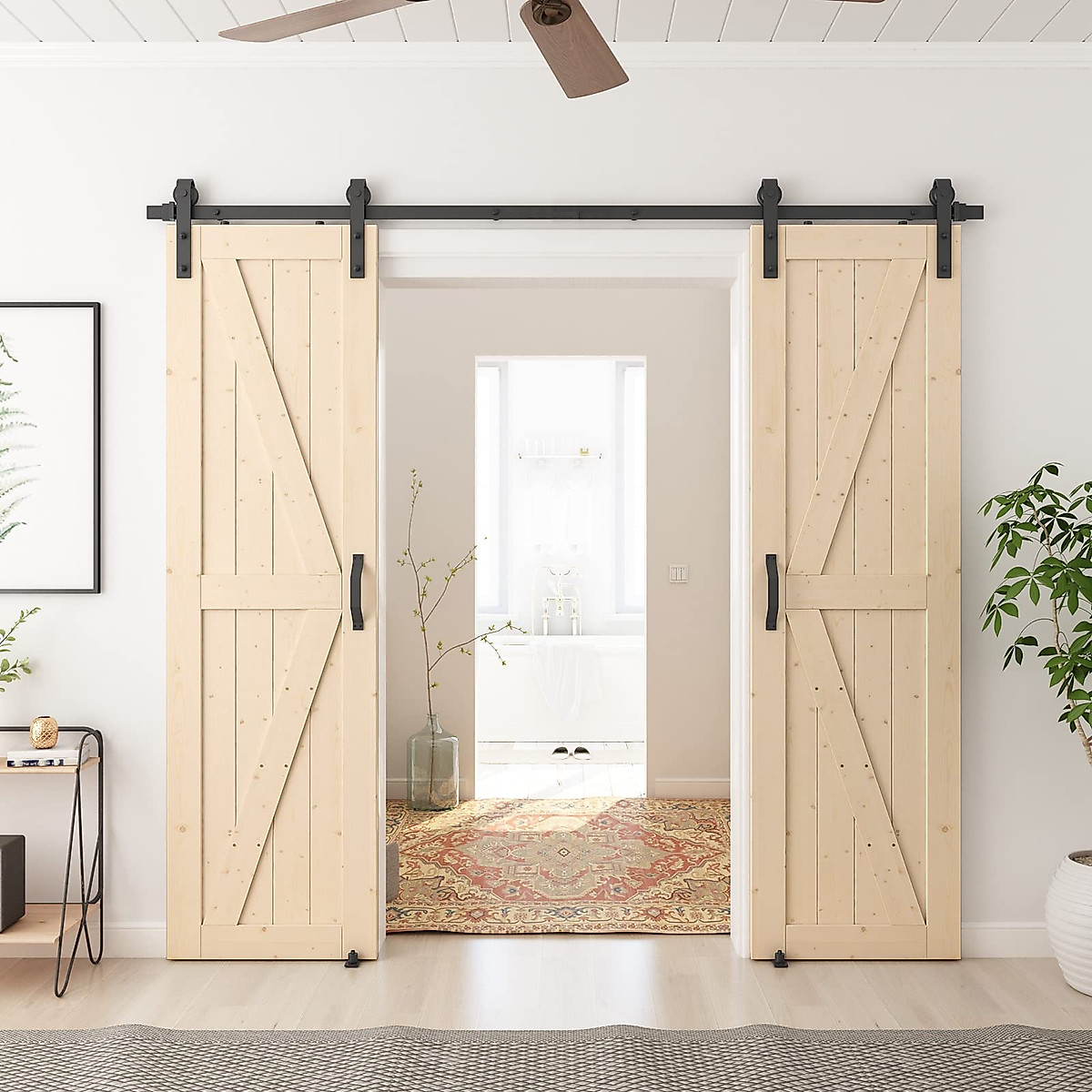 SMARTSTANDARD 24in x 84in Double Barn Door with 8ft Sliding Barn Door Hardware Kit & Handle, Pre-Drilled Ready to Assemble, DIY Unfinished Solid Spruce Wood Panelled Slab, K-Frame