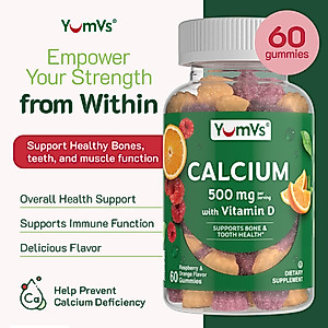 YumVs Calcium 500mg with Vitamin D3 - Raspberry & Orange Flavor Calcium Vitamin D Gummies, Chewable Calcium Supplement for Kids & Adults, Vitamin D Calcium Gummies, Kosher Halal Gluten Free (60 Count)