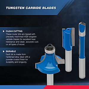 HILTEX 10100 Tungsten Carbide Router Bits, 15 Piece Router Bit Set, 1/4” Router Bit Shank Tungsten Carbide Router Bits, Chamfer Router Bits for Woodworking on Wood , Blue