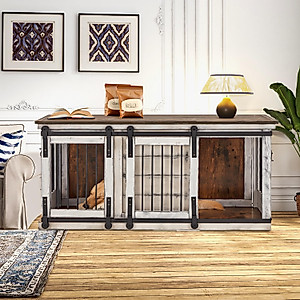 MELLCOM Large Wooden Dog Cage, Durable and Bite Resistant, Spacious with Dividers, Sliding Barn Door Design, White and Brown