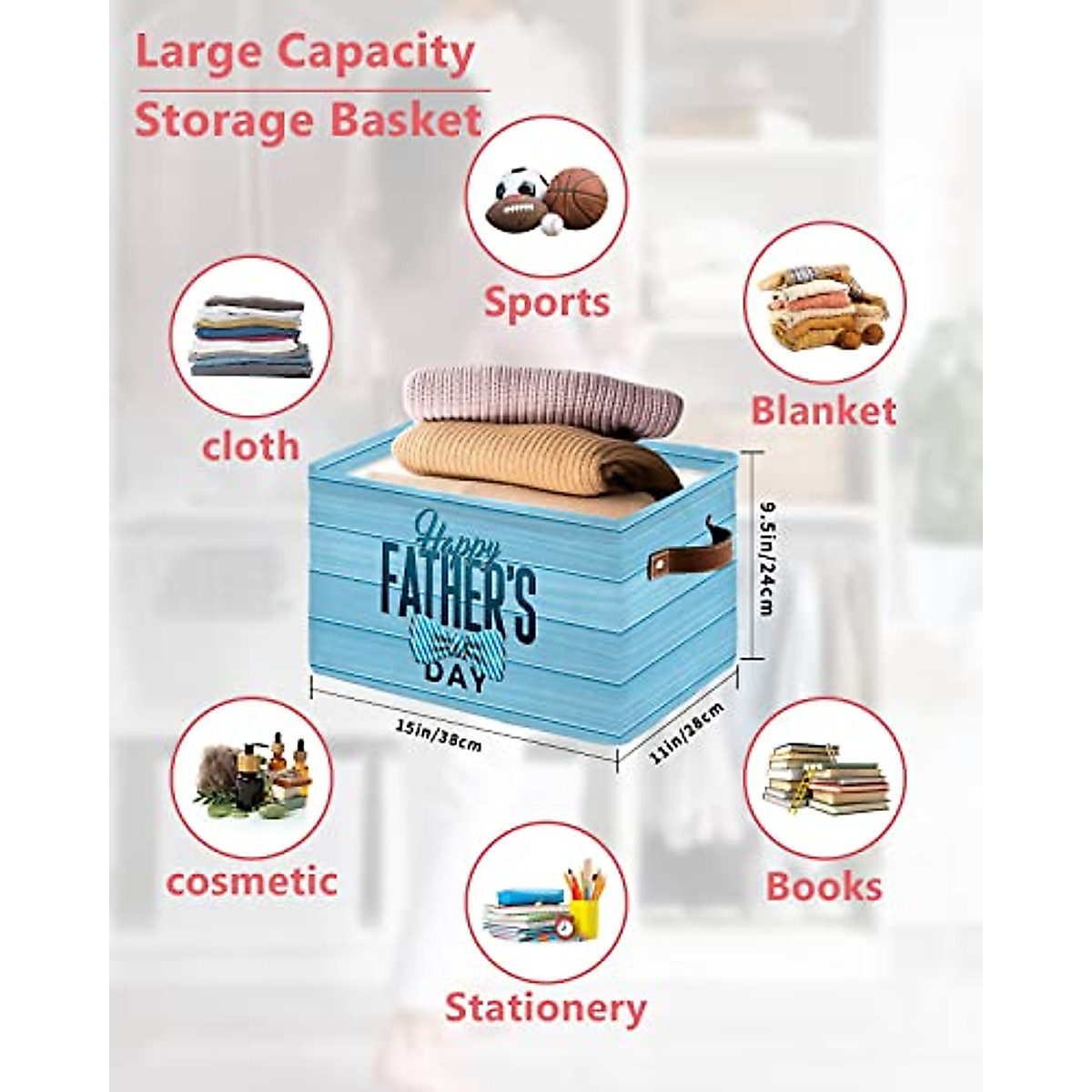 Storage Bin Foldable Storage Basket Happy Father's Day Bow Tie Blue Stripes,Large Storage Bins Handles Storage Baskets for Organizing,Farm Gradient Wood Grain Collapsible Storage Cubes Organizer 25L