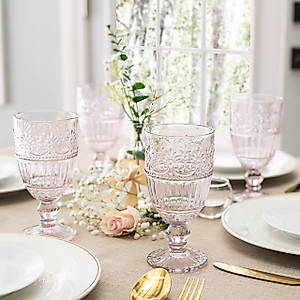 WHOLE HOUSEWARES | Pink Coloured Glass Goblet | Set of 6 Vintage Drinking Glasses | 11.5 oz Embossed Design | Wedding, Party Wine Glasses Set of 6 (Pink)