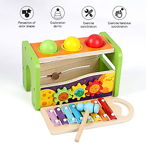 Canuan 4-in-1 Hammering Pounding Toys, Pound & Tap Bench with Slide Out Xylophone, Multifunctional Montessori Wooden Musical Pounding Toys for 1 2 3+ Years Boy Girl Baby Toddlers