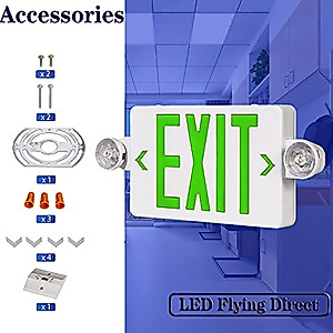 LED Exit Sign with Emergency Light, Green Exit Sign Light with 90 Minute Battery Backup, Green Letter Emergency Exit Sign Light with Two Adjustable Heads, AC 120-277V, UL Listed (6-Pack, Green)