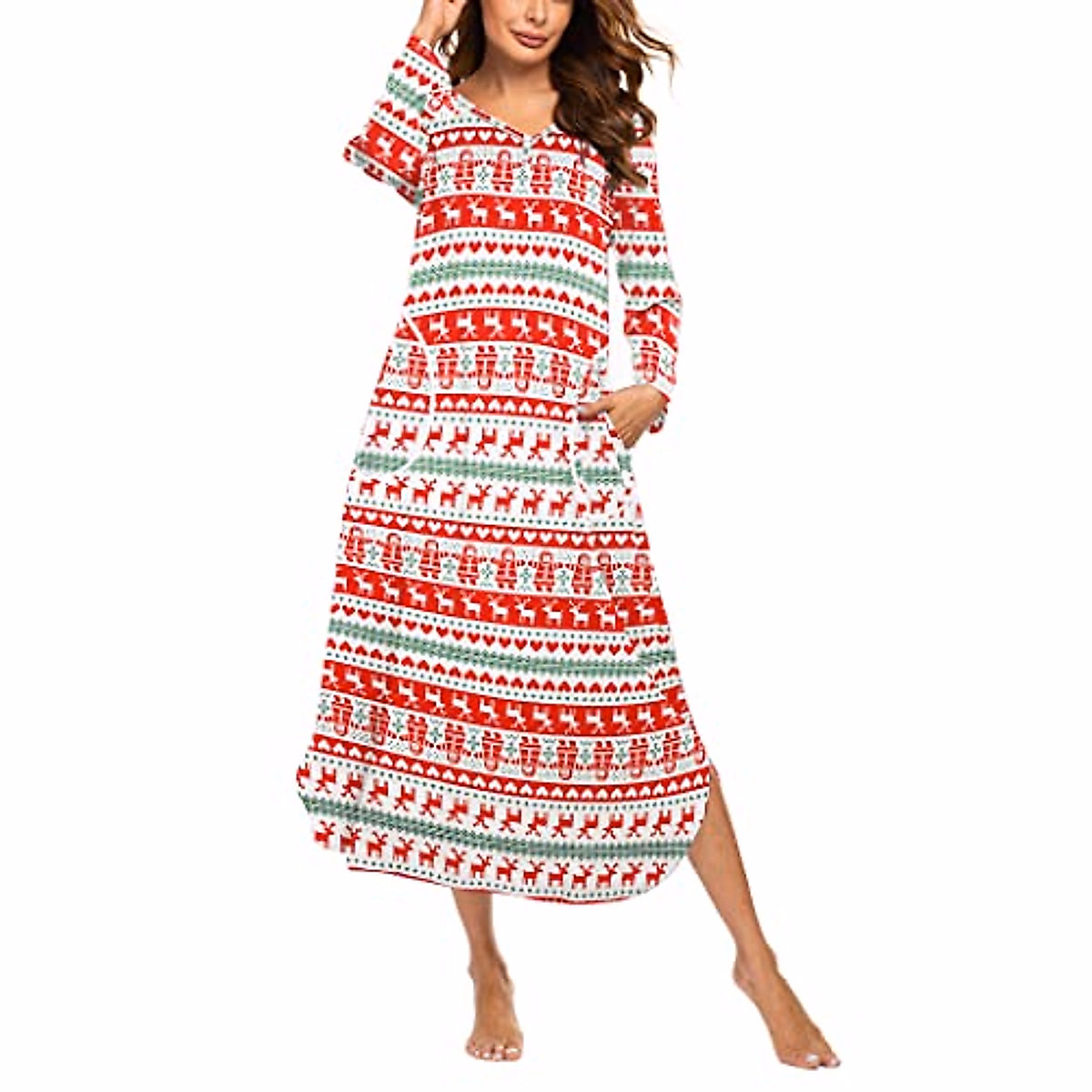 Ekouaer Women's Nightgown V-Neck Loungewear Long Sleeve Sleepwear Full Length Nightgown for Women S-4XL