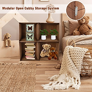 Menkxi 4 Pcs Stackable Wood Storage Cube for Shelves Closet Wooden Bins Box Wood Crates Storage Baskets Container for Toy Books Clothes Home Office, Dark Brown(14 x 14 x 10 Inch)