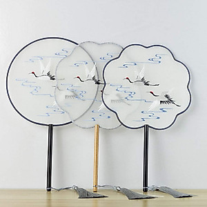 Handmade Folding Fan Fan Round Fan Fan Embroidery Crane Embroidery Hanfu Fan Silk Long Handle Summer Cool Handheld Fan (Color : White)