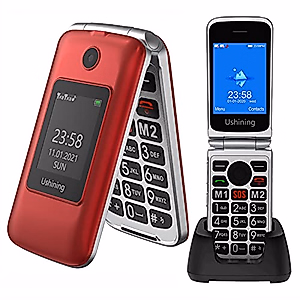 USHINING 3G Unlocked Flip Phone Dual Screen Dual SIM Mobile Phones Easy-to-Use Flip Cell Phones with Charging Dock (Red)