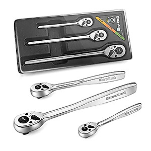 DURATECH 3-Piece Ratchet Set, 1/4", 3/8", 1/2" Drive, 90-Tooth, Quick-release, Contour Handle Designed for Better Grip, Alloy Steel, Organized in Plastic Tray