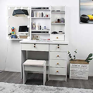 saicheng Vanity Desk with Mirror and Lights-3 Color and Brightness Adjustable, Vanity Set with Drawers and Chair, White Makeup Vanity Table for Girls