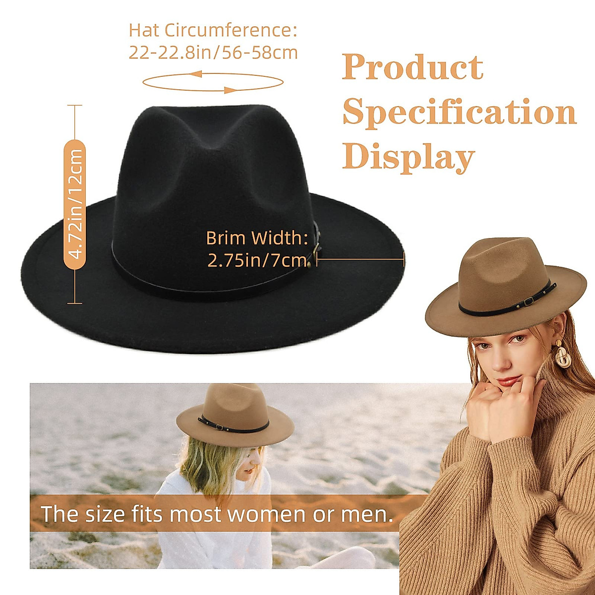 Women Classic Wide Brim Fedora Hat, 4 Pack Retro Panama Hat Wool Fedora Hat with Belt Buckle (Black+Army Green+Camel+Wine Red)