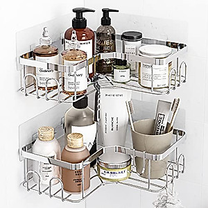 Fixwal 2 Pack Corner Shower Caddy, Adhesive Shower Corner Shelf Organizer with 4 Removable Hooks, No Drilling Shower Shelves for Bathroom Storage (Silver)