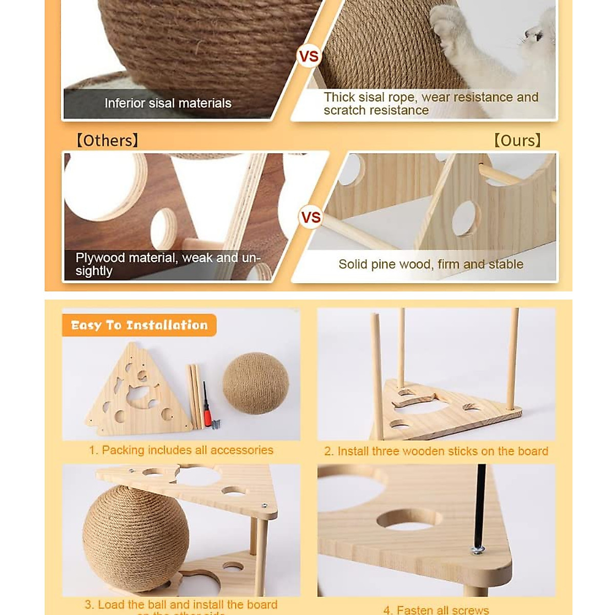 Cat Scratcher Toy,Natural Sisal Rope Cat Scratching Ball Scratcher Toy with Ball for Cats& Kittens&Dogs&Puppy, Interactive Solid Wood Scratcher Pet Toy (Medium)