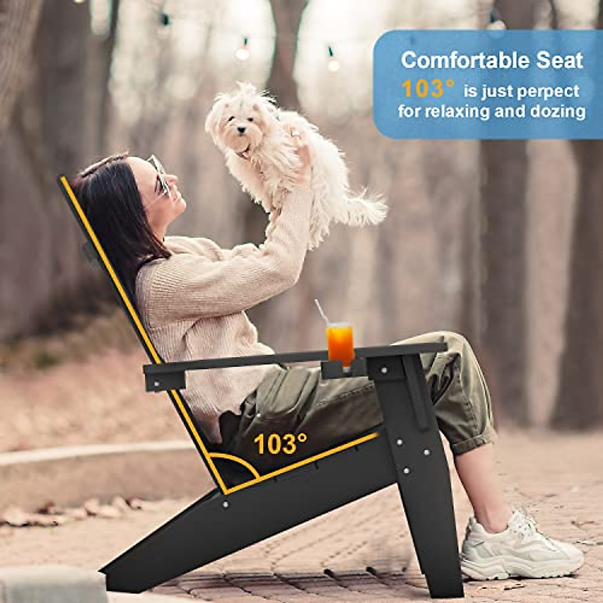 MXIMU Modern Adirondack Chairs Set of 4 Weather Resistant with Cup Holder Oversize Plastic Fire Pit Chairs Plastic Outdoor Chairs for Firepit Area Seating (Black)