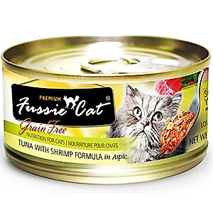 Fussie Cat Premium Grain-Free Canned Wet Food Variety Bundle - 2.8 Oz. - Tuna with Chicken, Tuna with Shrimp, Tuna with Oceanfish, Tuna with Salmon, Tuna with Mussels, and Tuna with Prawns (12 Pack)