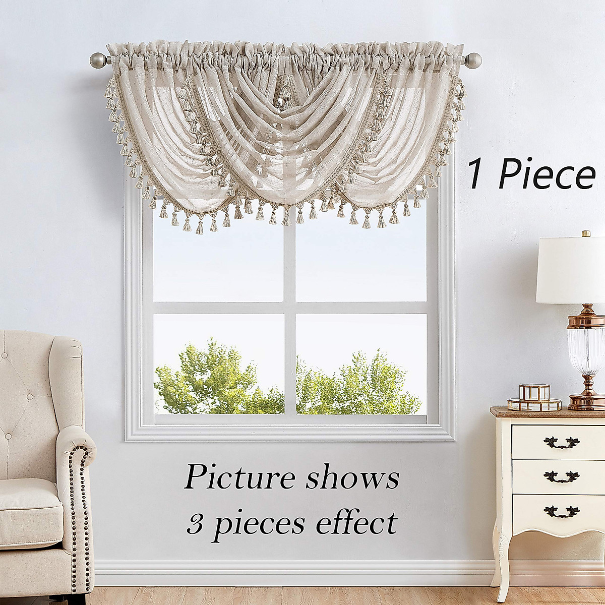 Central Park Linen Waterfall Valance Window Curtain Linen Texture White GEO Embroidery Rod Pocket for Living and Bedroom Semi Sheer Kitchen Curtain, 56"x38", 1 Piece